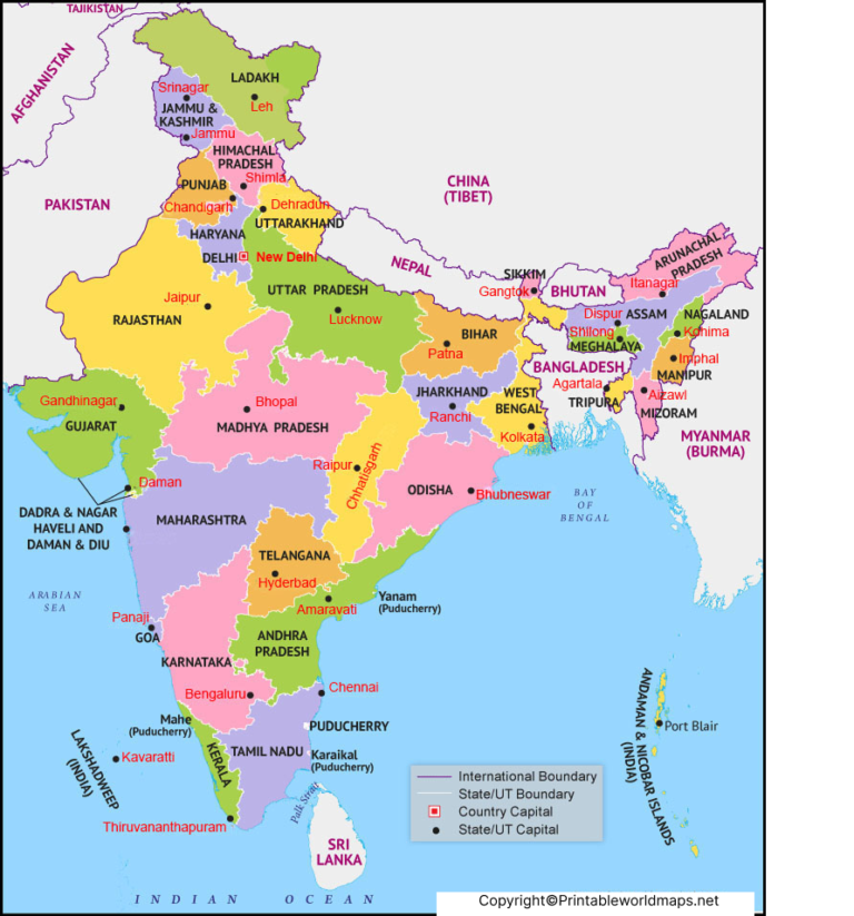 Labeled India Map with States, Capital, and Cities - Printable World Maps