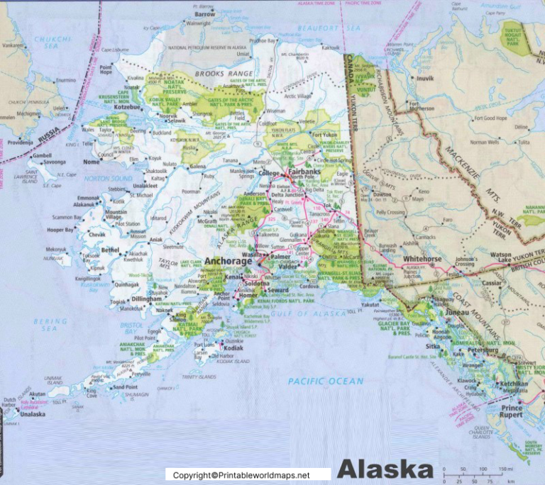 Labeled Map of Alaska with States, Capital & Cities - Printable World Maps