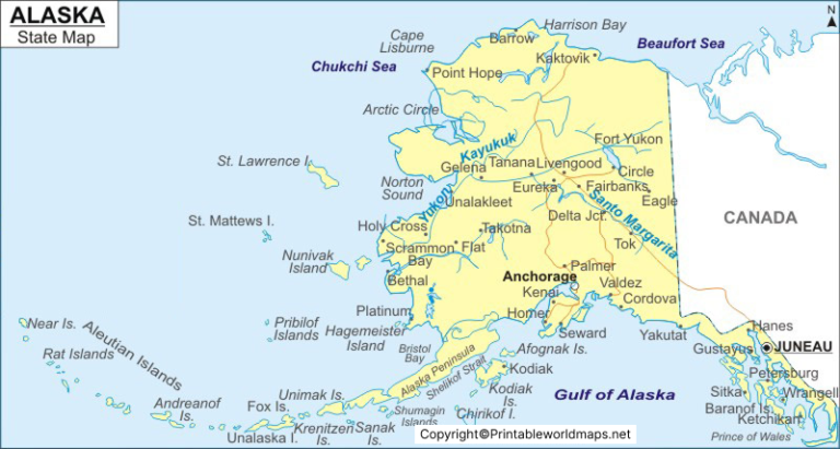 Labeled Map of Alaska with States, Capital & Cities - Printable World Maps