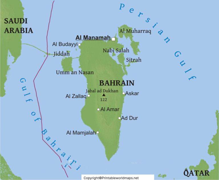 Labeled Map of Bahrain with States, Capital & Cities - Printable World Maps