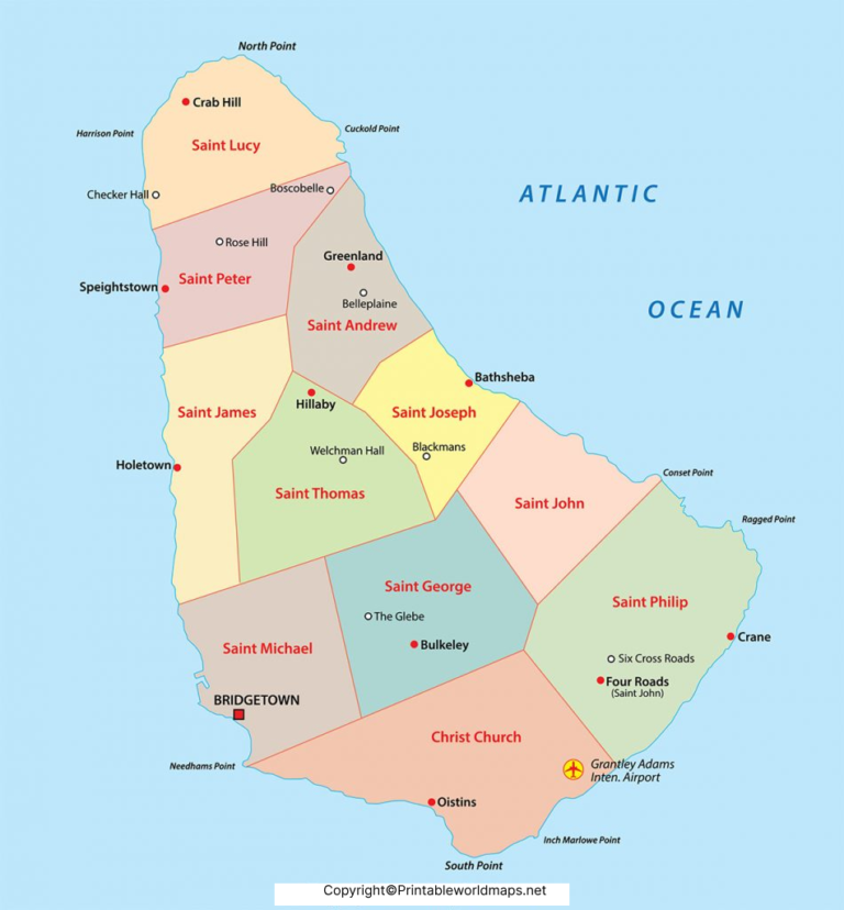 Labeled Map of Barbados with States, Capital & Cities - Printable World ...