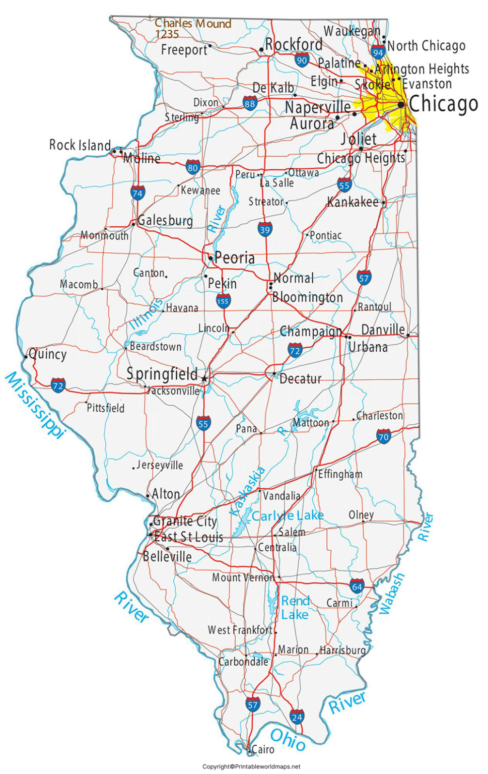 Labeled Map of Illinois with Capital & Cities - Printable World Maps