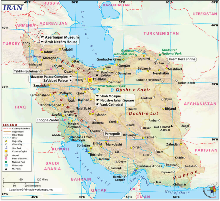 Labeled Map of Iran with States and Cities