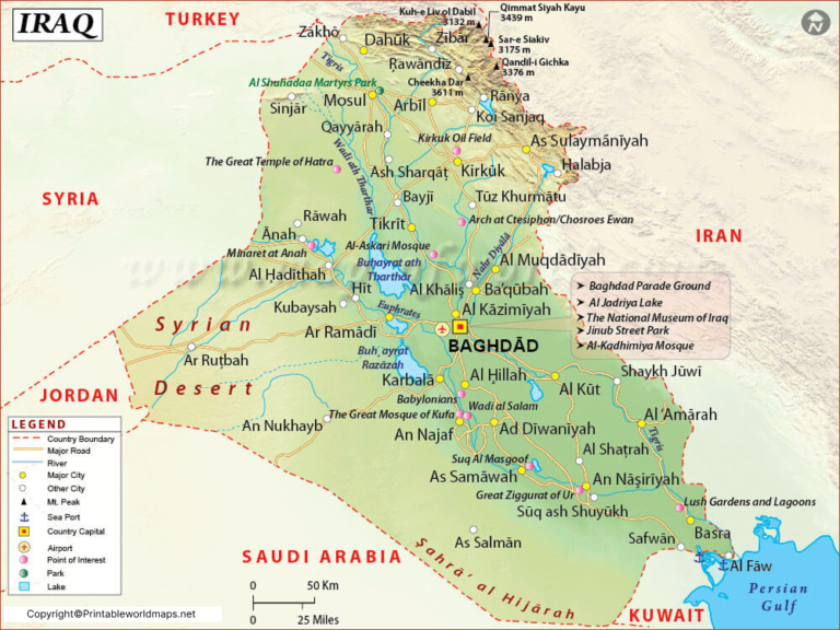 Labeled Map of Iraq with States, Capital & Cities - Printable World Maps