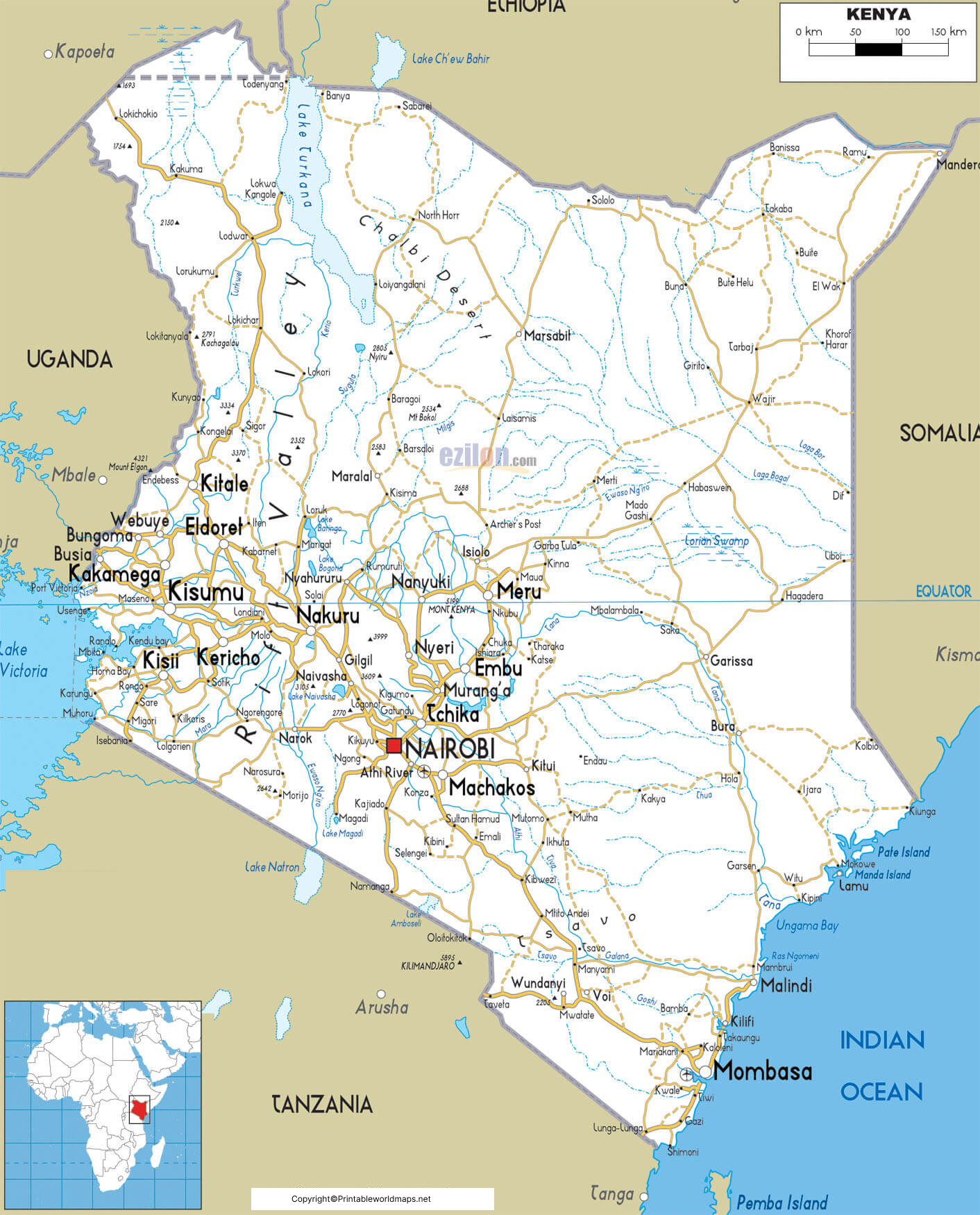 Labeled Map of Kenya with States and Cities