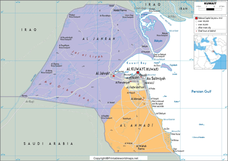 Labeled Map of Kuwait with States, Capital & Cities - Printable World Maps