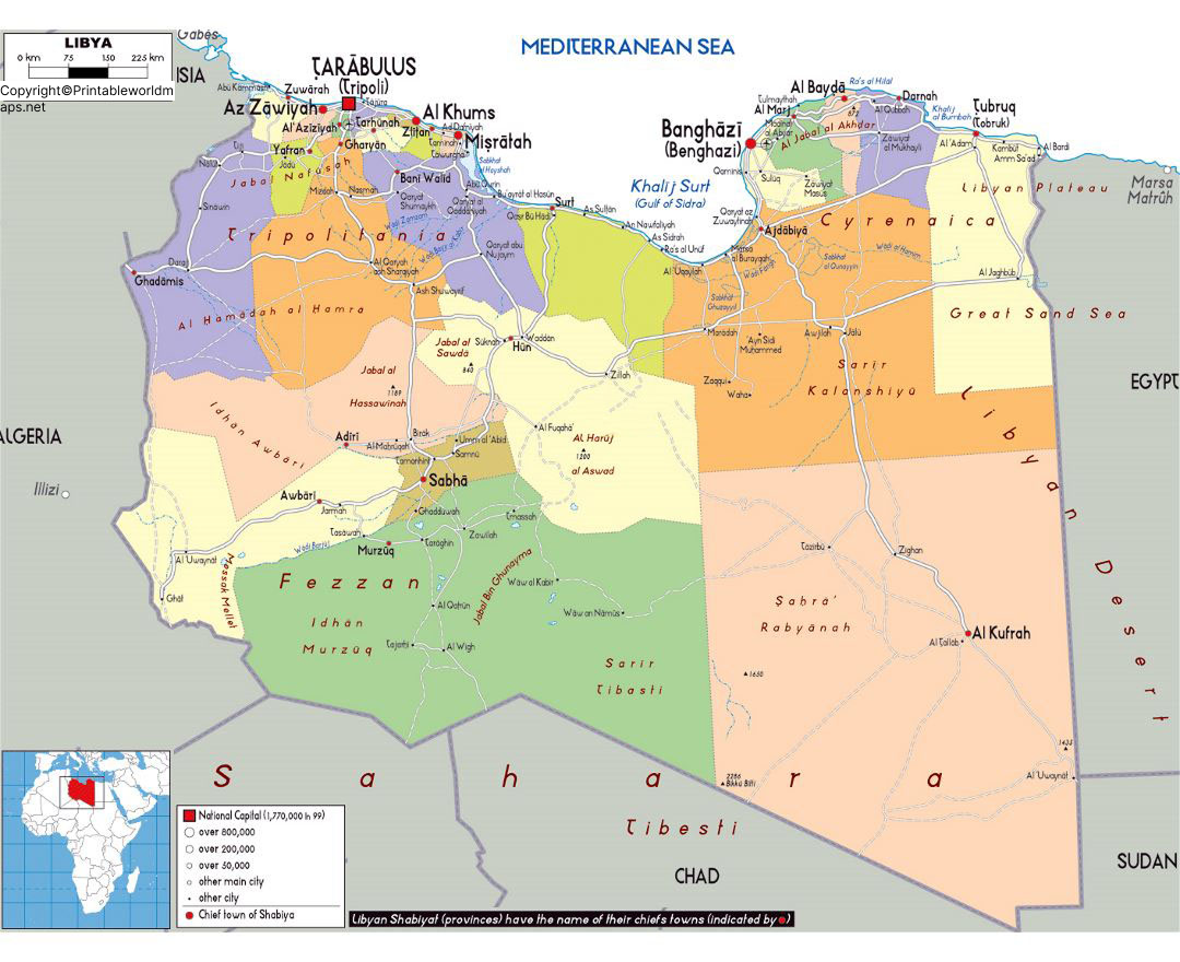 Labeled Map of Libya with States, Capital & Cities - Printable World Maps