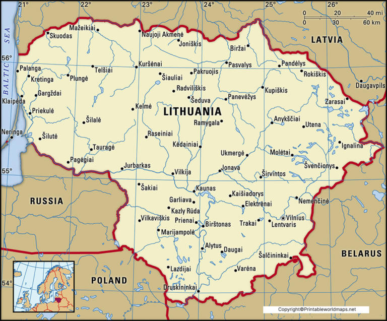 Labelled Map of Lithuania with States, Capital & Cities - Printable ...
