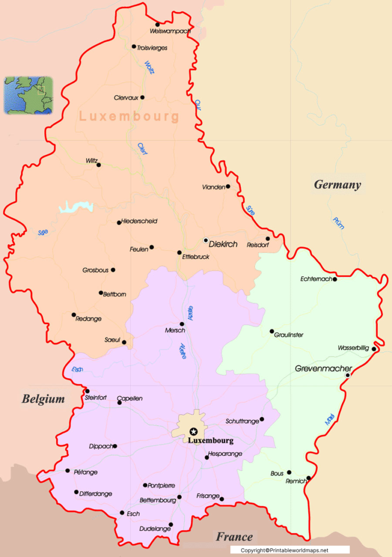 Labeled Map of Luxembourg with States and Capital Cities
