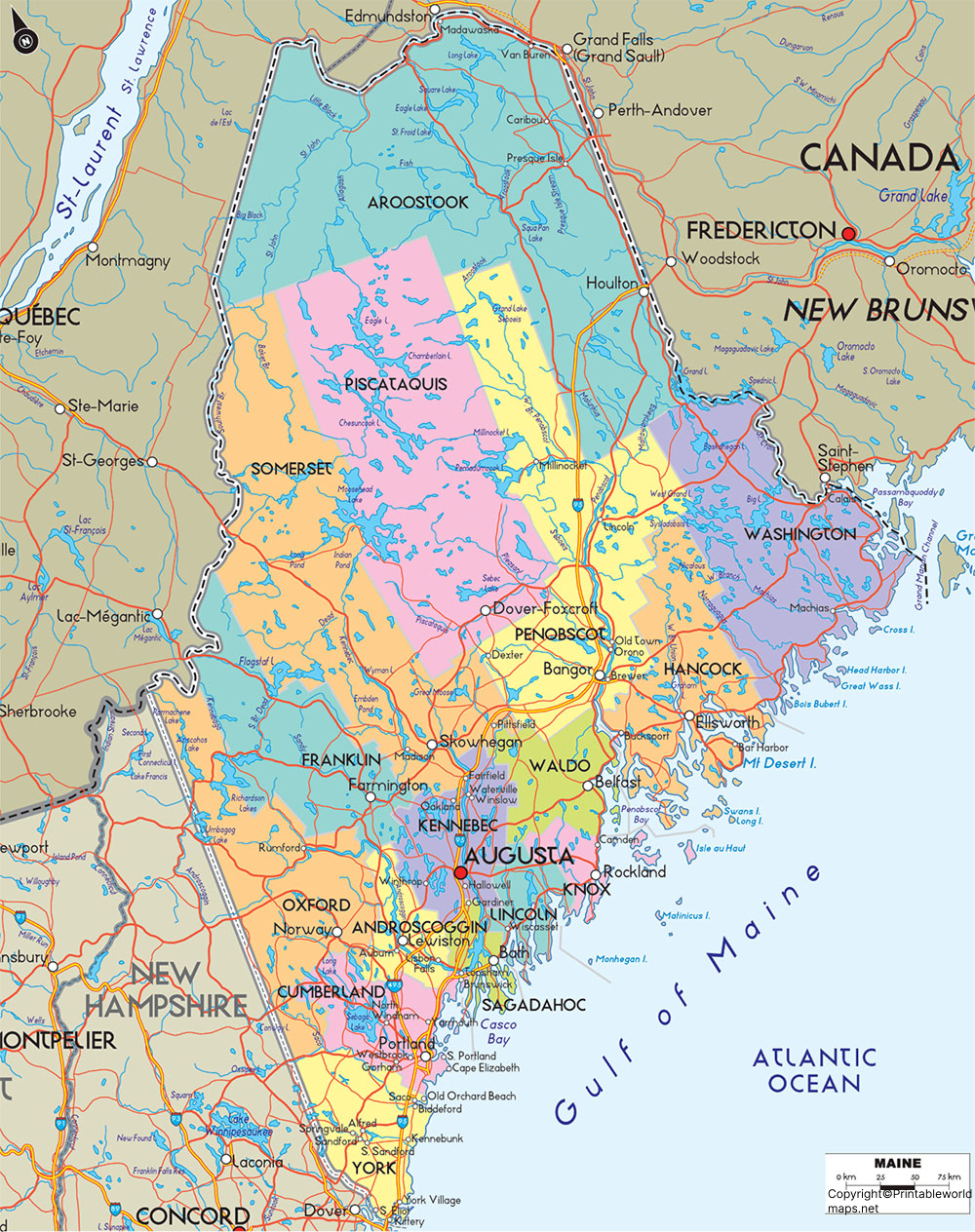 Labeled Map of Maine with States, Capital & Cities - Printable World Maps