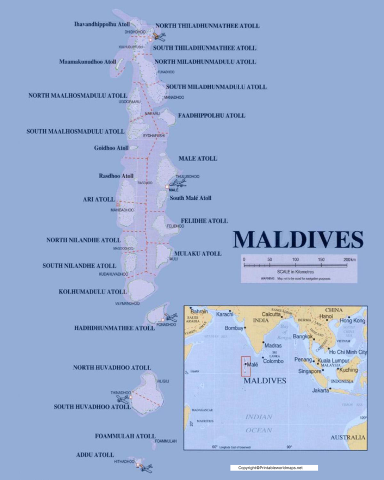 Labeled Map of Maldives with States and Capital Cities