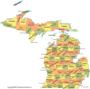 Labeled Map of Michigan with Capital & Cities