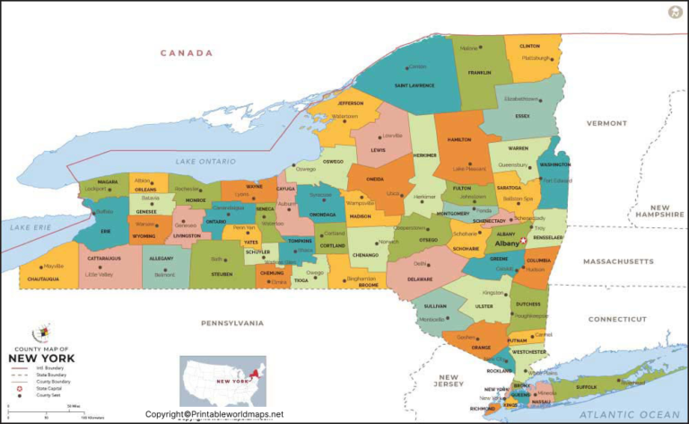 Labeled Map of New York with Capital & Cities - Printable World Maps