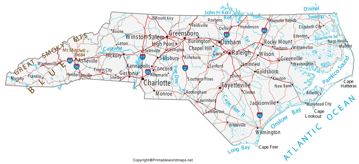 Labeled Map of North Carolina with Capital & Cities