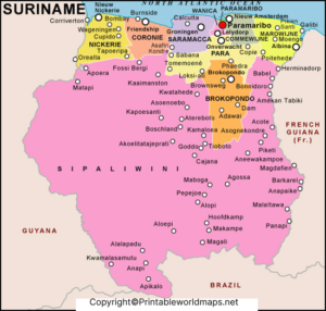 Labeled Map of Suriname with States, Cities & Capital - Printable World ...