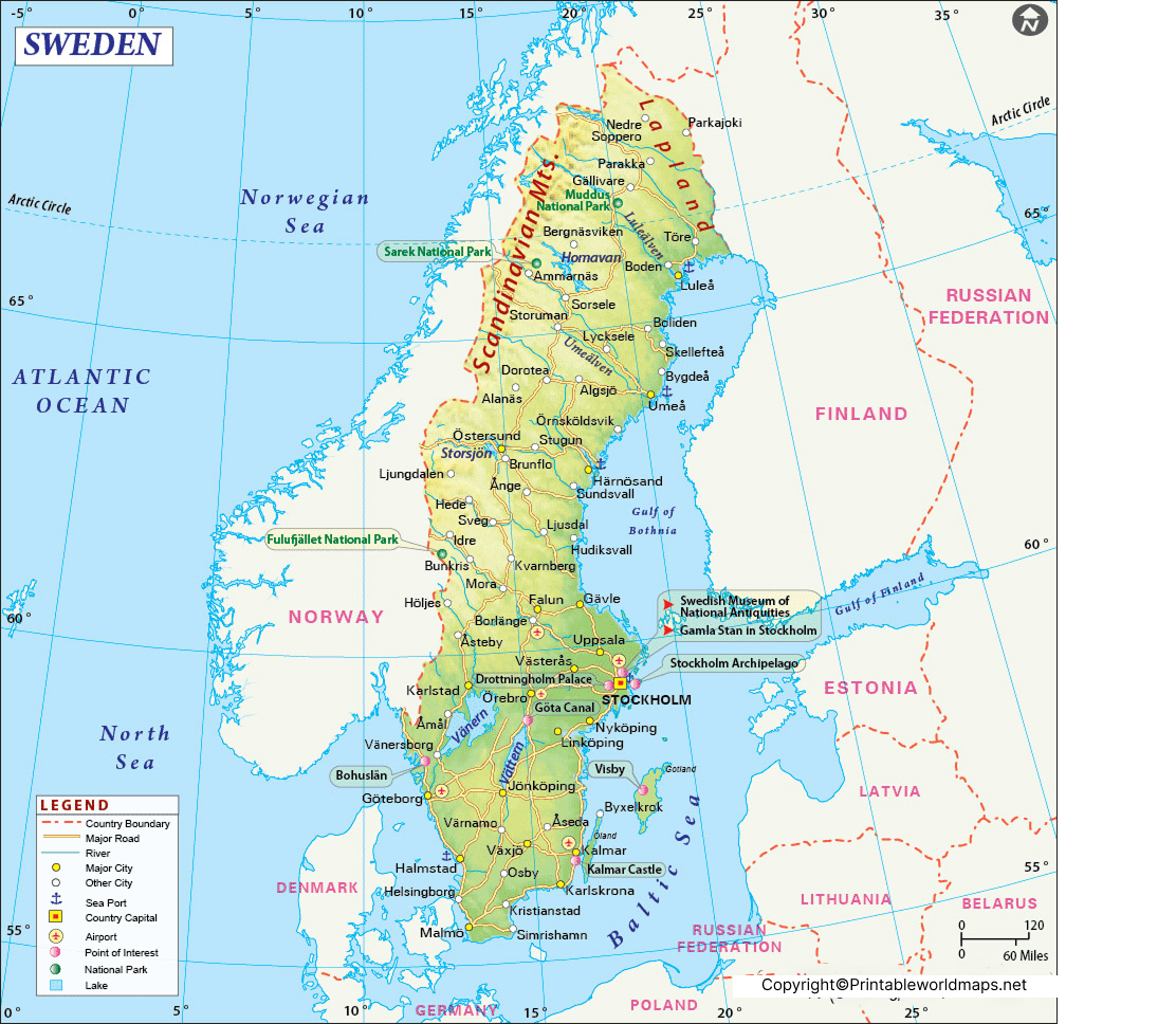 Labeled Map of Sweden with States, Cities & Capital - Printable World Maps
