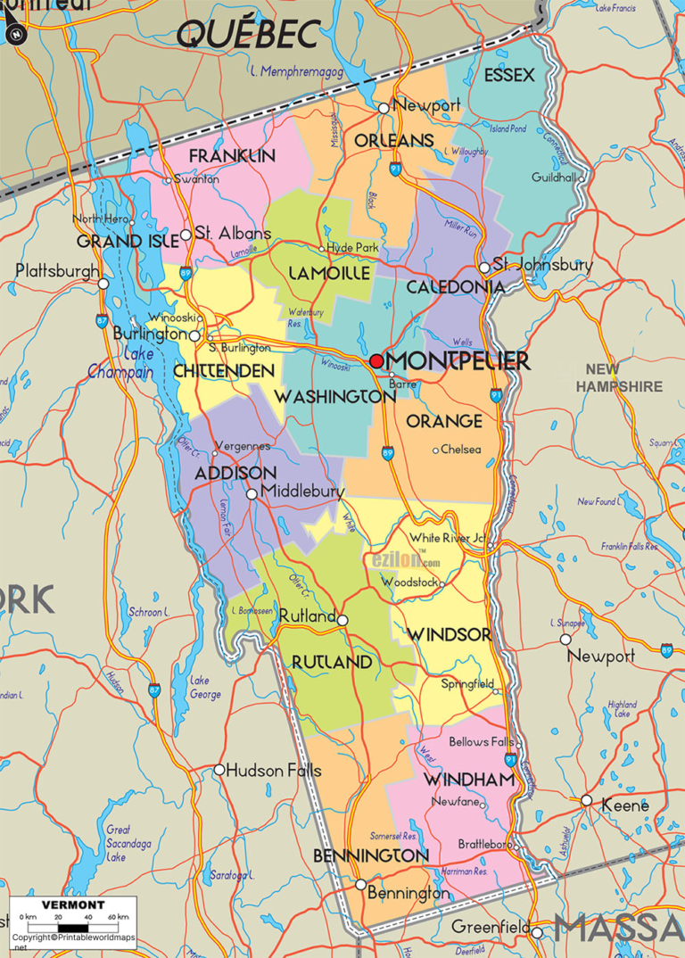 Labeled Map of Vermont with Capital & Cities - Printable World Maps