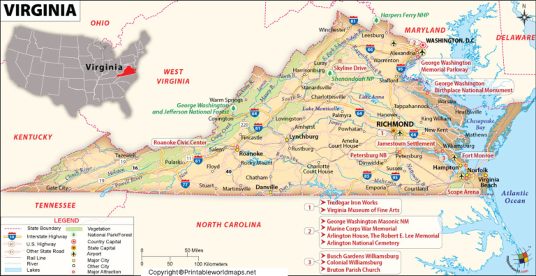 Labeled Map of Virginia with Capital & Cities for Navigation