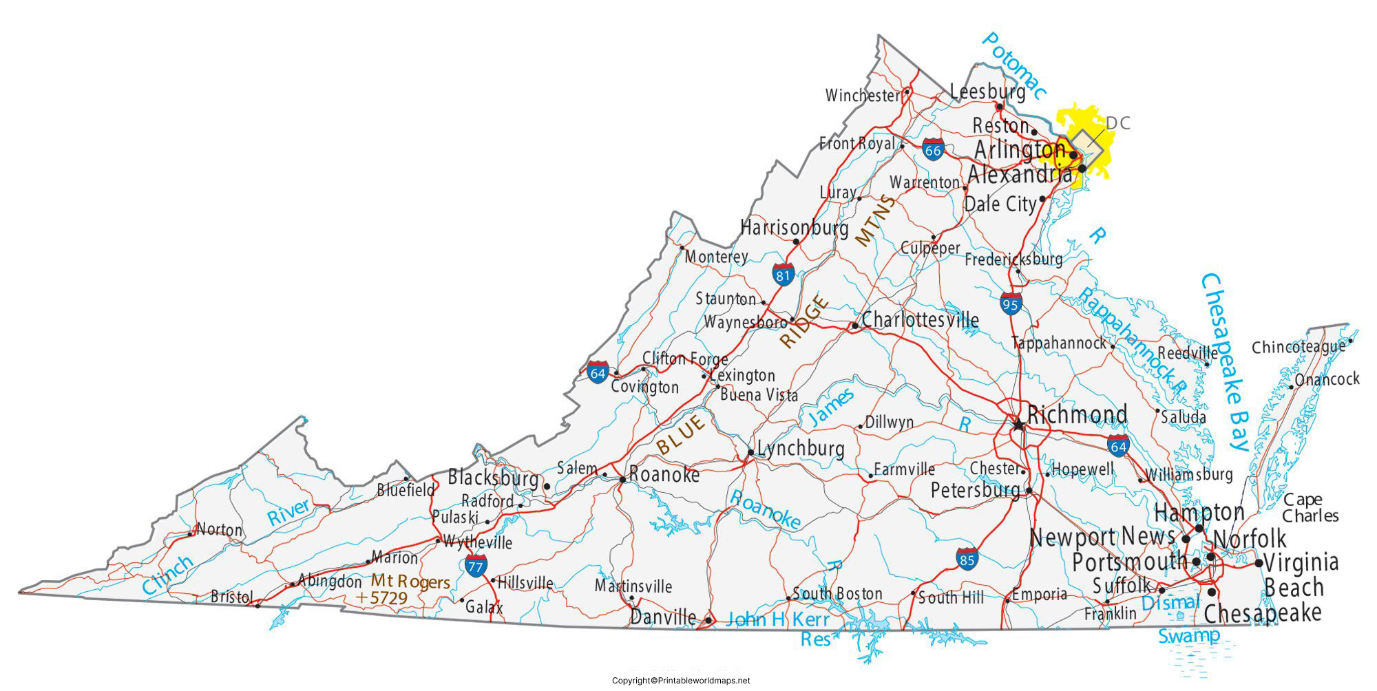 Labeled Map of Virginia with Capital & Cities for Navigation