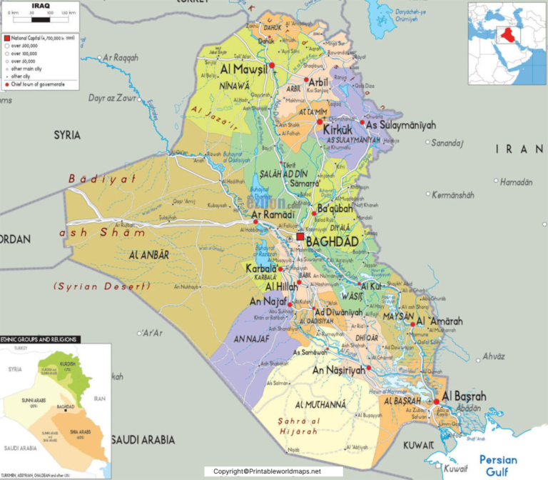 Labeled Map of Iraq with States, Capital & Cities - Printable World Maps