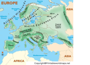 Printable Europe Mountains Map | Map of Europe Mountains - Printable ...
