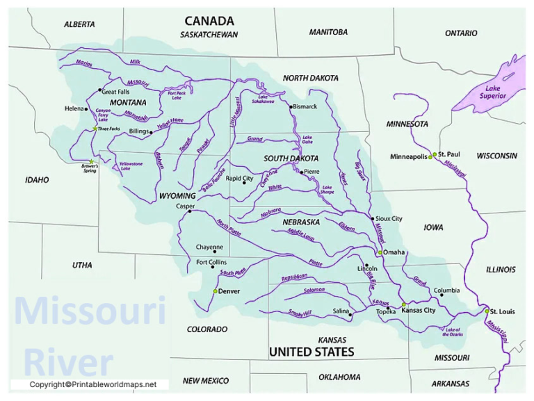 Missouri River Map | Map of Missouri River Location - Printable World Maps