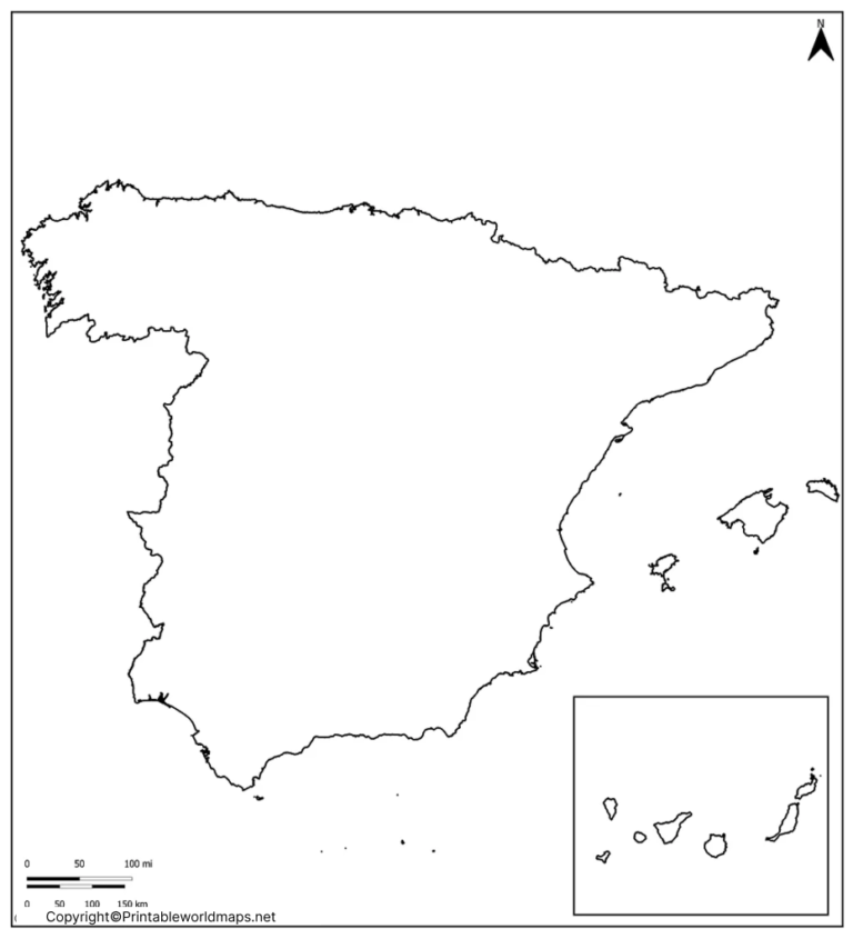 Printable Blank Map of Spain – Outline Map of Spain [PDF] - Printable ...
