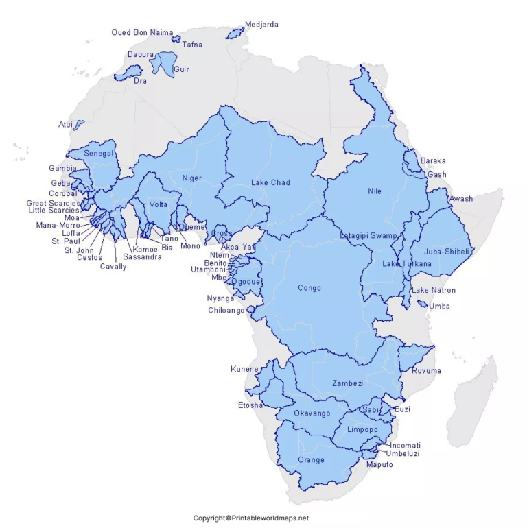 Printable Africa Rivers Map – Explore African Waterways
