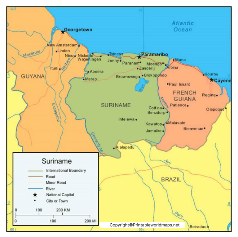 Labeled Map of Suriname with States and Cities Overview