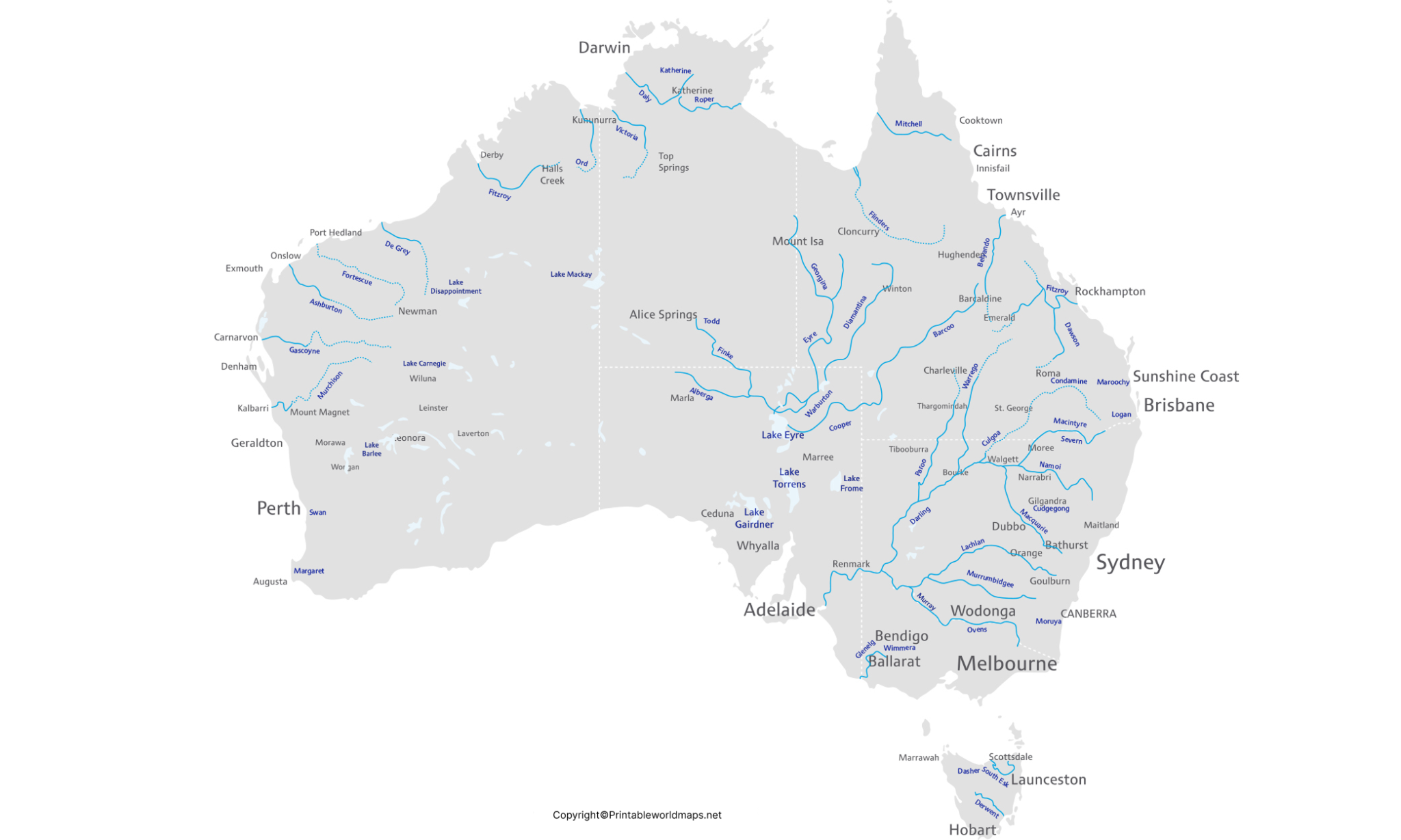 Printable Australia Rivers Map | Map of Australia Rivers - Printable ...