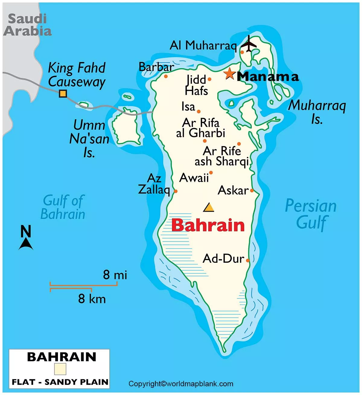 Labeled Map of Bahrain with States, Capital & Cities - Printable World Maps
