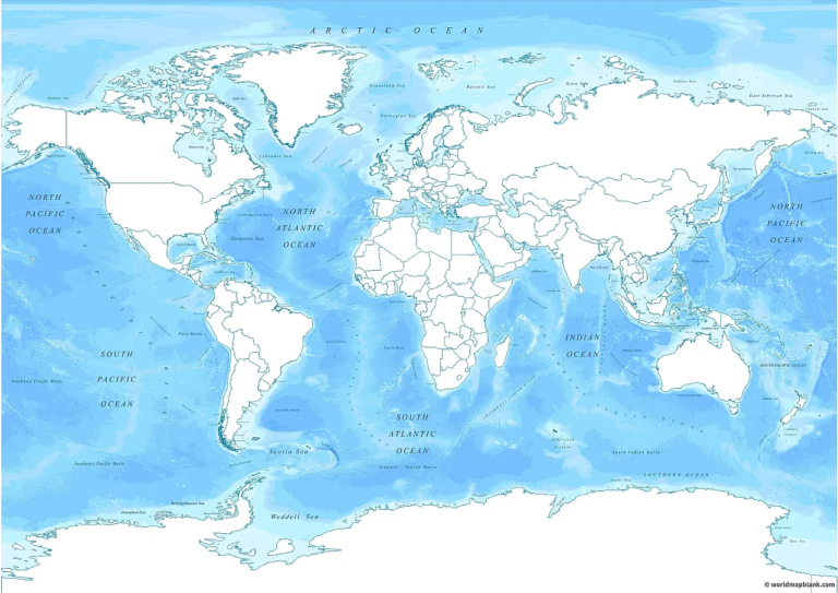 World Map with Seas – Oceans Map of the World [PDF] - Printable World Maps