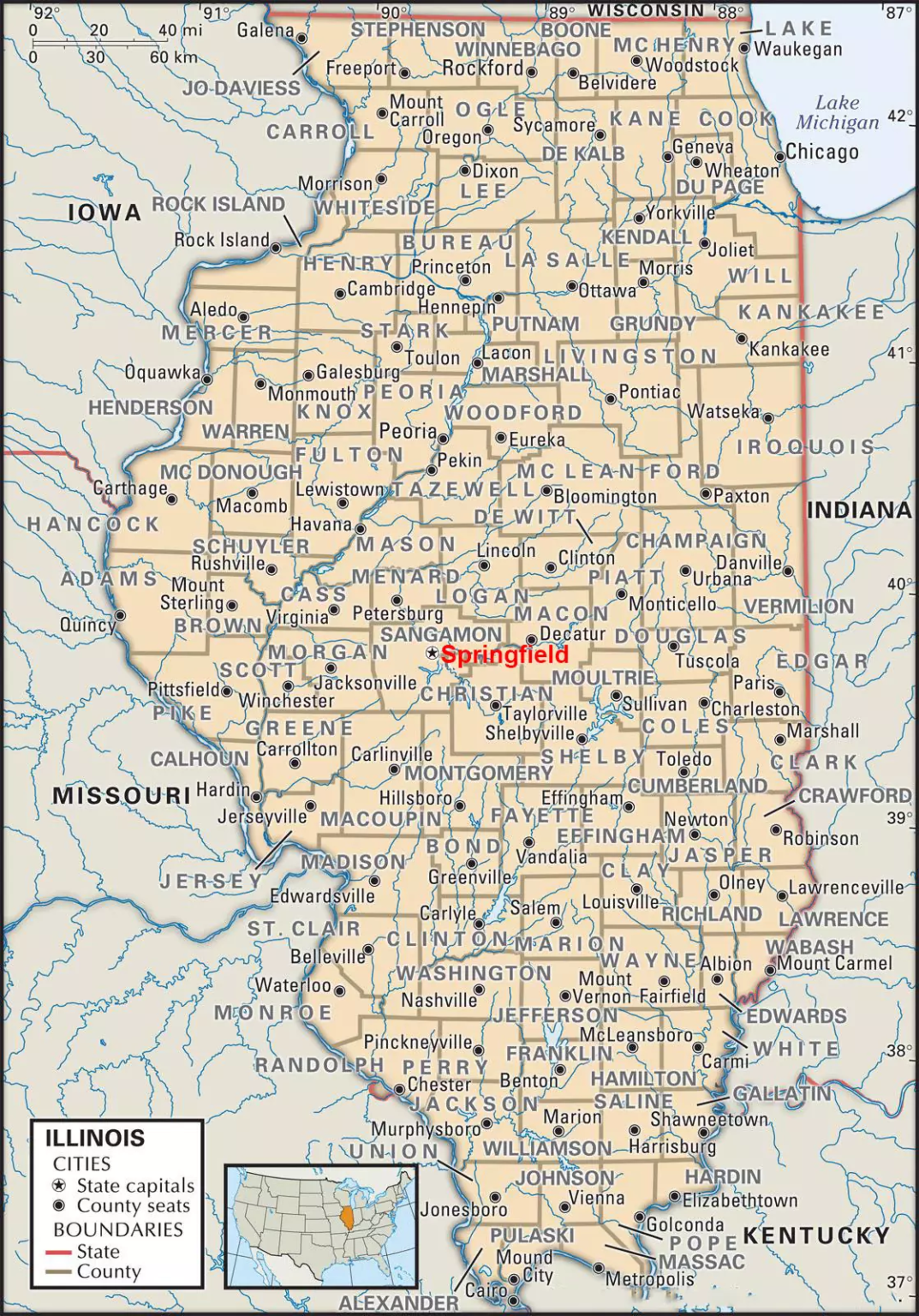 Labeled Map of Illinois with Capital & Cities - Printable World Maps