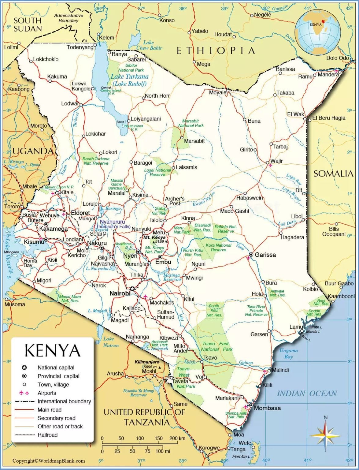 Labeled Map of Kenya with States, Capital & Cities - Printable World Maps
