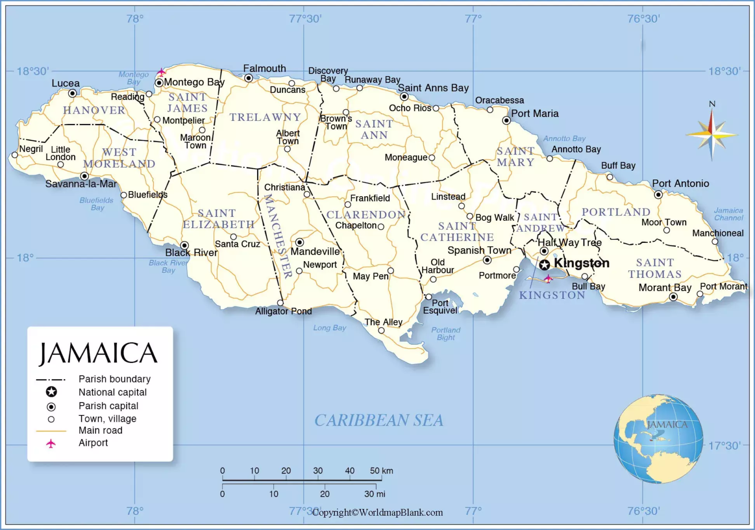 Labeled Map of Jamaica with States, Capital & Cities - Printable World Maps