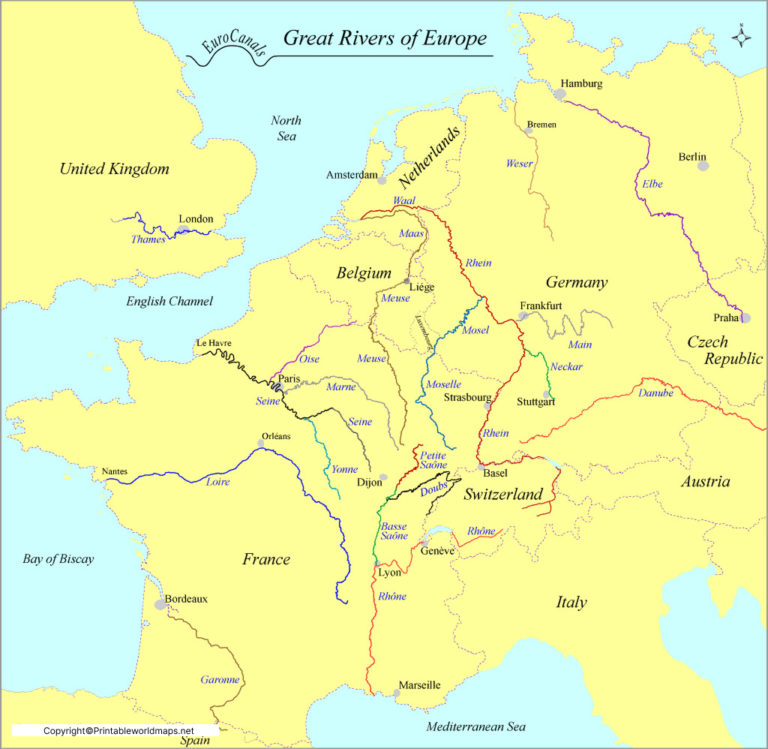Printable Europe Rivers Map | Map of Europe Rivers - Printable World Maps