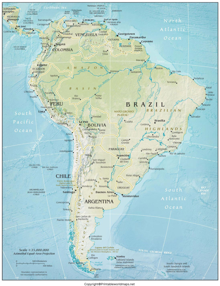 South America Physical Map | Map of South America Physical - Printable ...