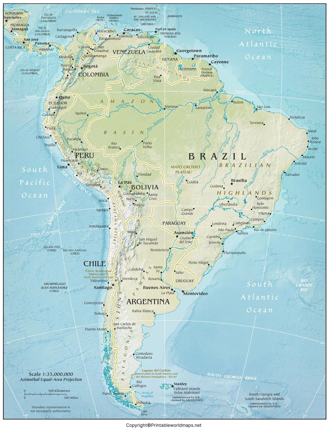 South America Physical Map | Map of South America Physical - Printable ...